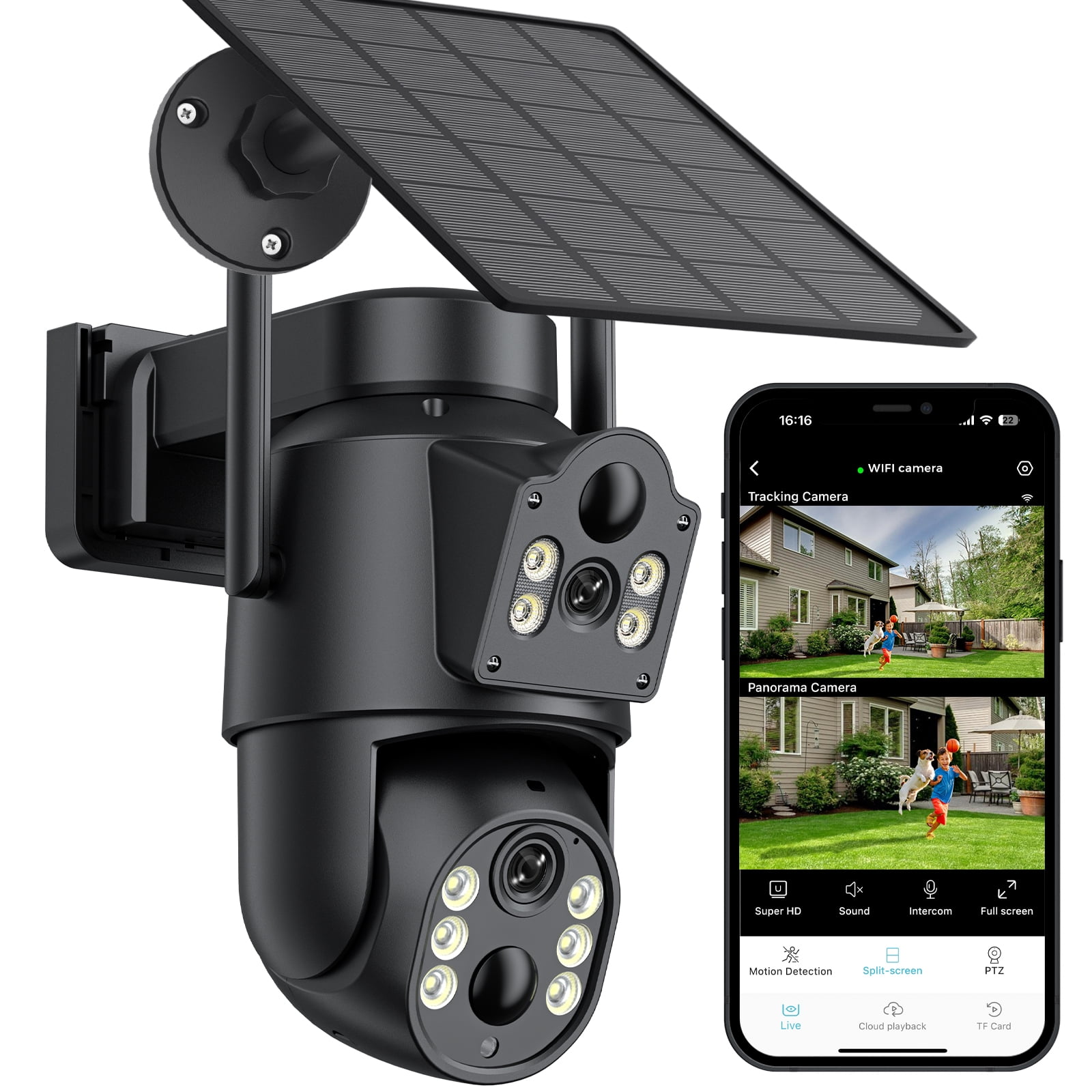 4K HD Solar WiFi Camera Outdoor Built-in Battery Dual Lens 2K Security ...