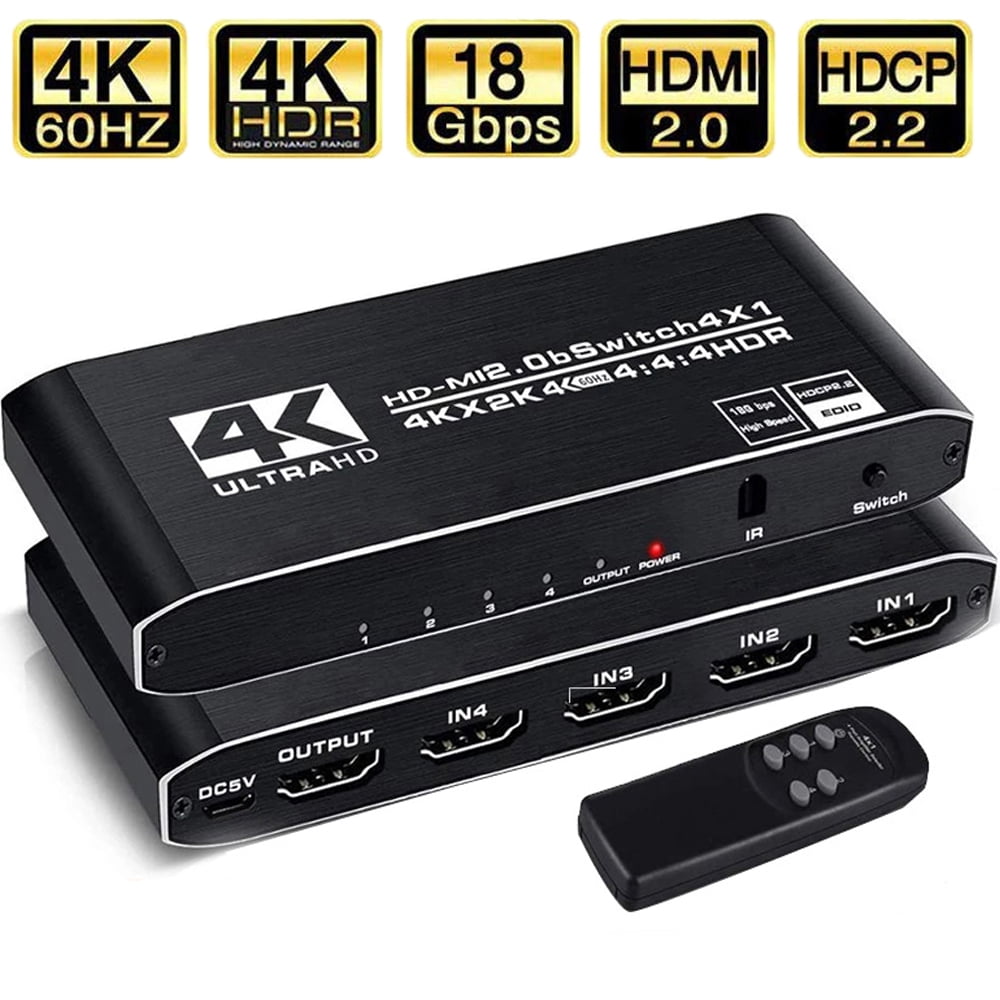 4K HDMI Switch 4x1, 4 Port HDMI Selector Switcher 4 in 1 Out with IR Remote Control Support 4K ...