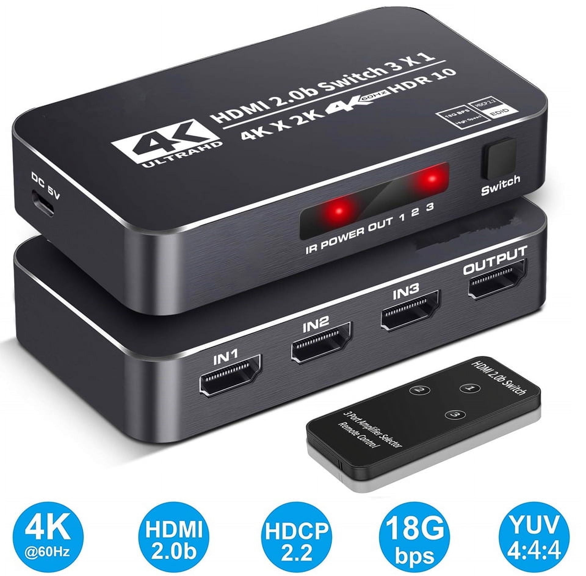 4K HDR HDMI Switch, AUBEAMTO 3 Ports 4K 60Hz HDMI 2.0 Switcher Selector ...