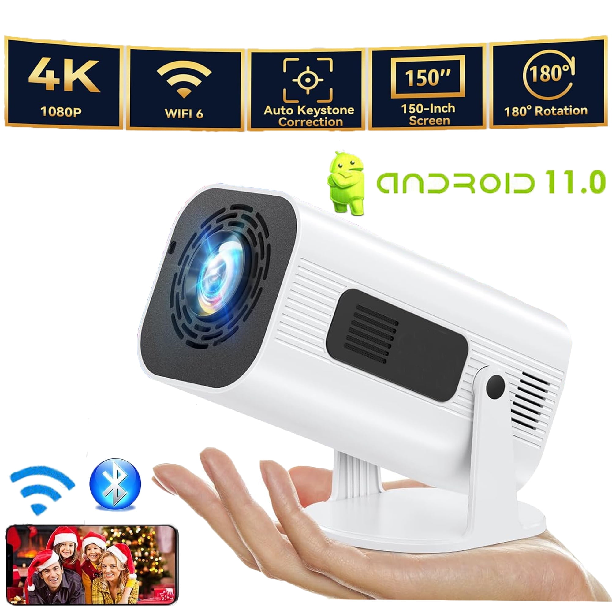 4K Mini Projector with Wi-Fi and Bluetooth 1080P HD Smart Portable ...