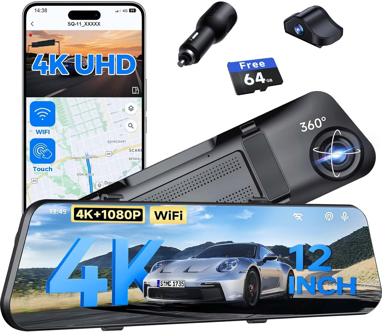 4K Mirror Dash Cam,Rear View Mirror Camera with WiFi,Dash Cam Front and ...