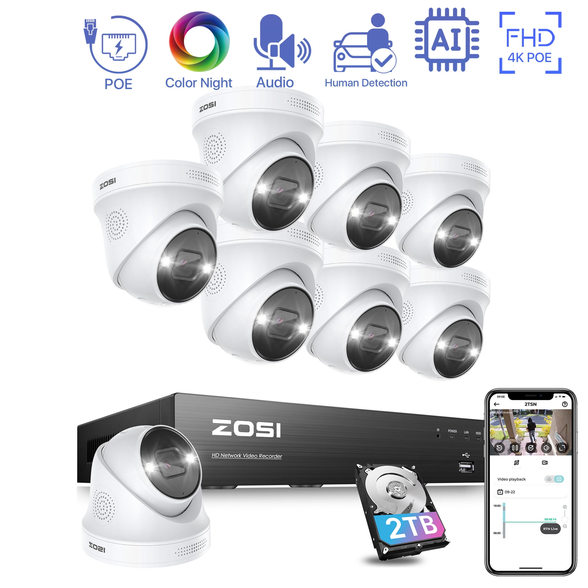 Free Shipping! 4K PoE Security Camera System, AI Human Detection, ZOSI ...