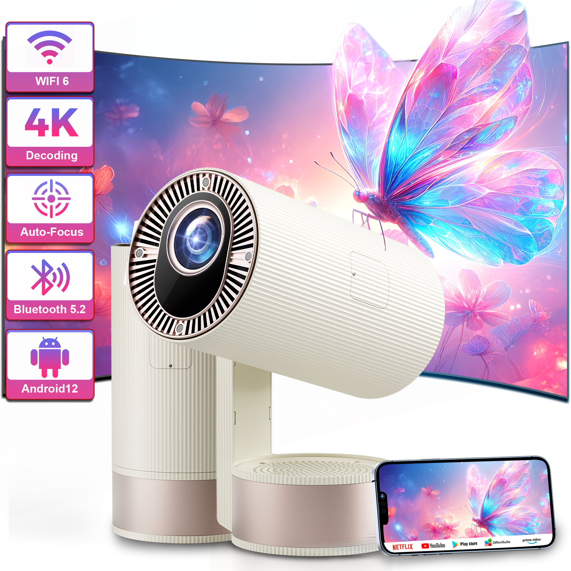 4K Projector with WiFi and Bluetooth, 3D Stereo Sound & Auto Keystone ...