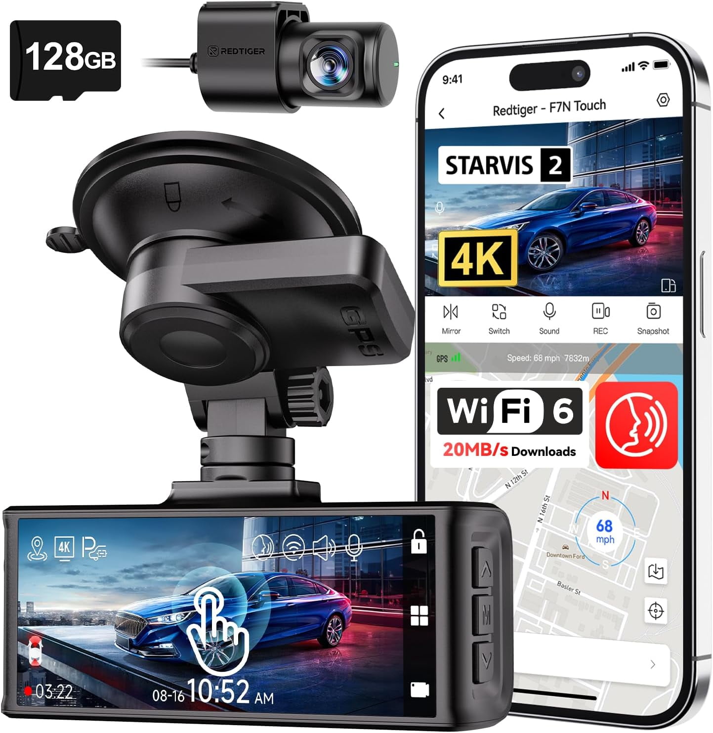 4K STARVIS 2 Dash Cam Front and Rear, 5GHz WiFi 20MB/s Download, 128GB ...