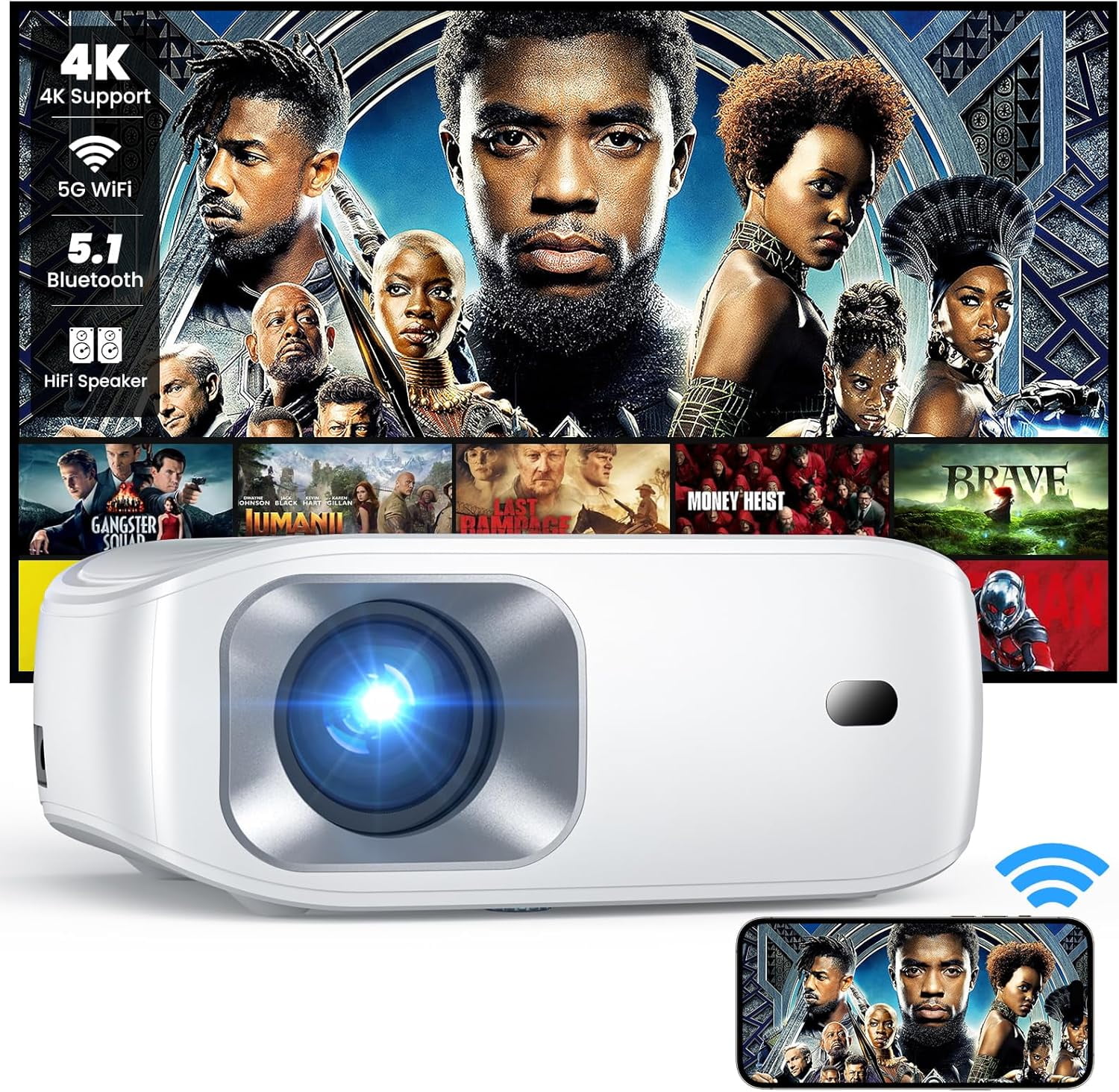 4K Support Projector with Wifi and Bluetooth, Portable Mini Projectors ...