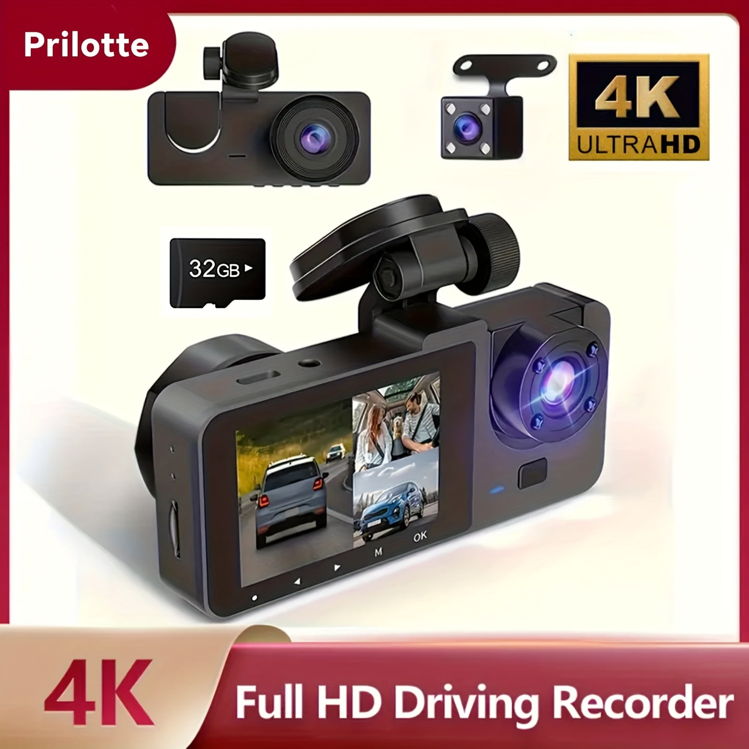 4K UHD 3-Channel Dash Cam Front Rear - Night Vision WDR G-Sensor Built ...