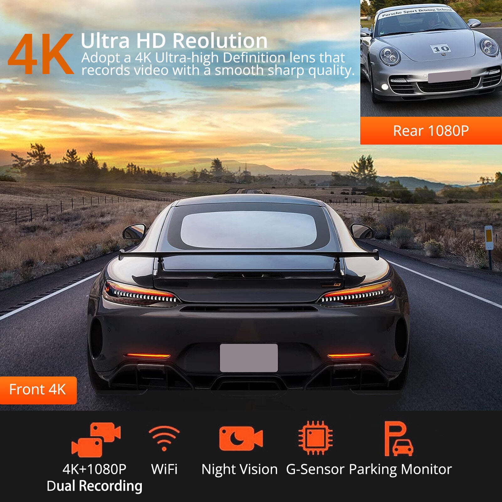 4K Ultra HD 3 inch Dash Cam Dual Lens Front and Rear Car Driving ...
