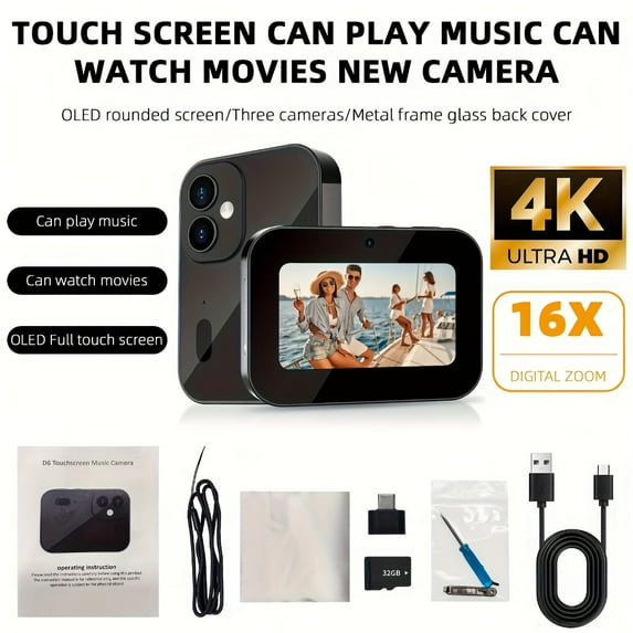 4K Ultra HD Mini Digital Camera - 32GB Card, 64MP Triple Lens,16X Zoom ...