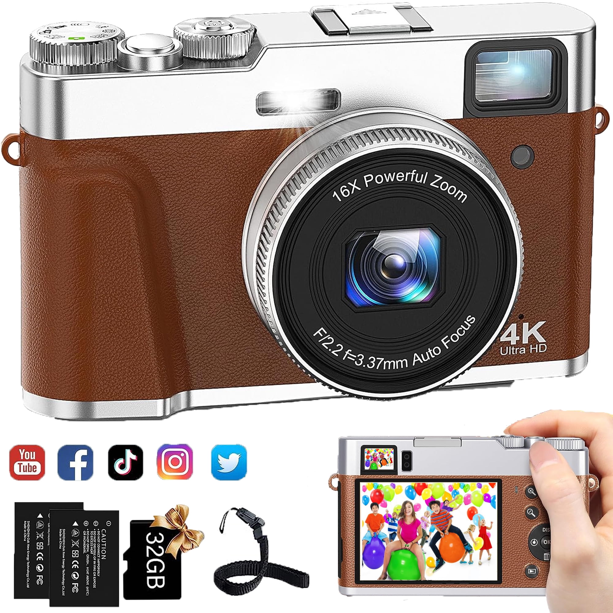 4K Vlogging Camera with Flash Viewfinder & Dial-48MP Digital Video Camera for YouTube with 32GB ...