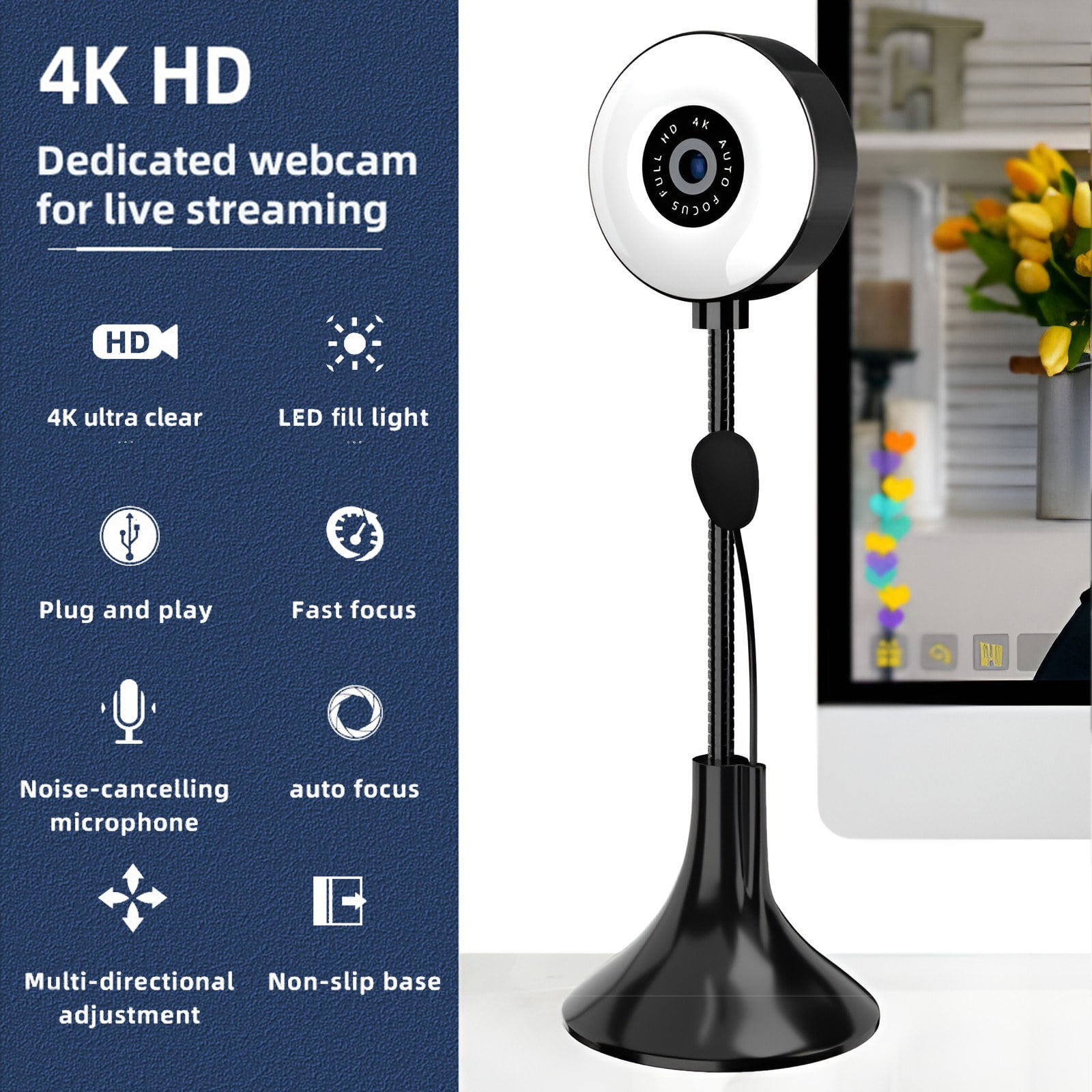 4K Webcam, HD Autofocus Webcam with Microphone, Adjustable Light ...
