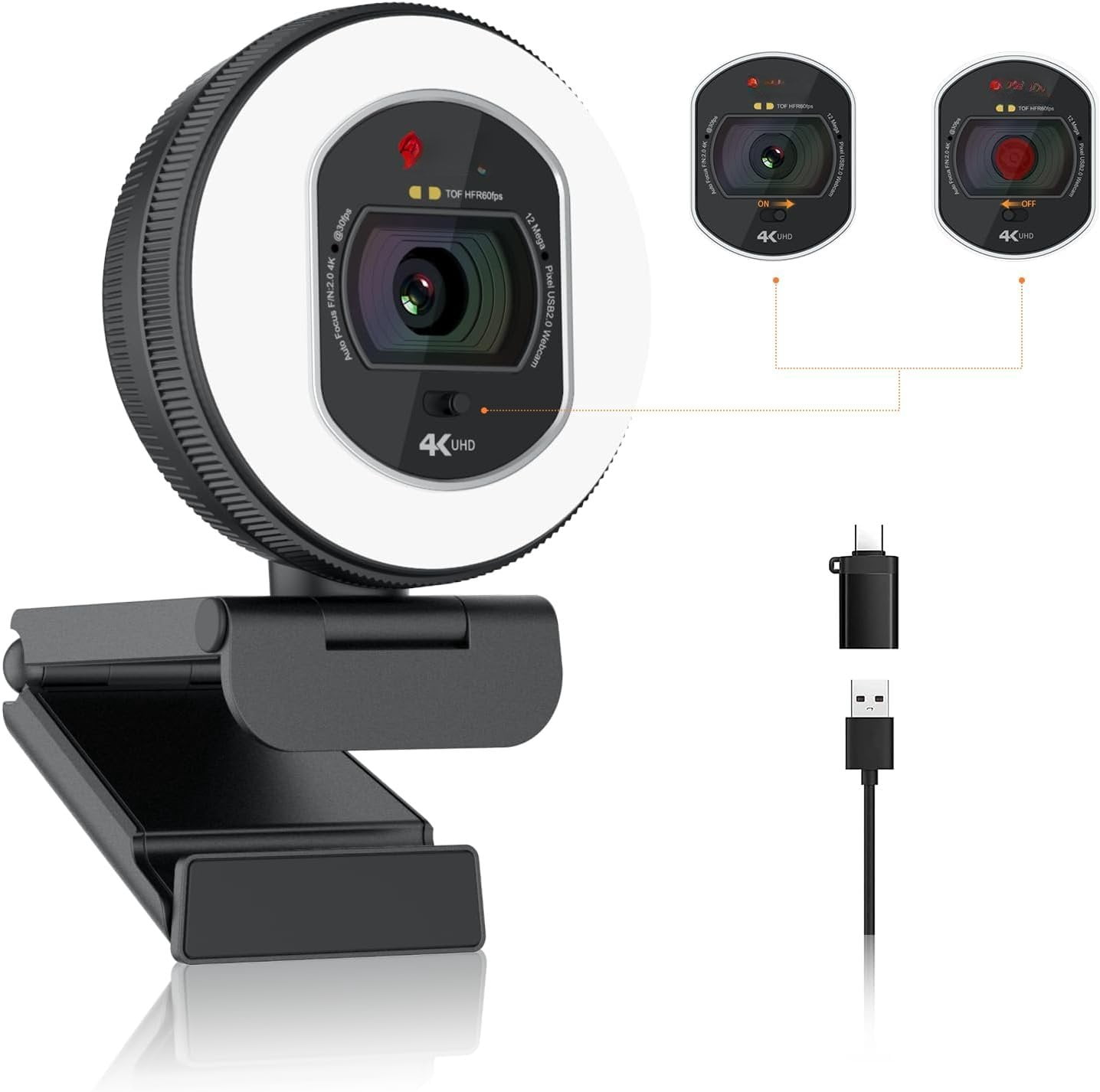4K Webcam with Light for PC: UHD 4K, TOF Focus, Dual AI Noise ...
