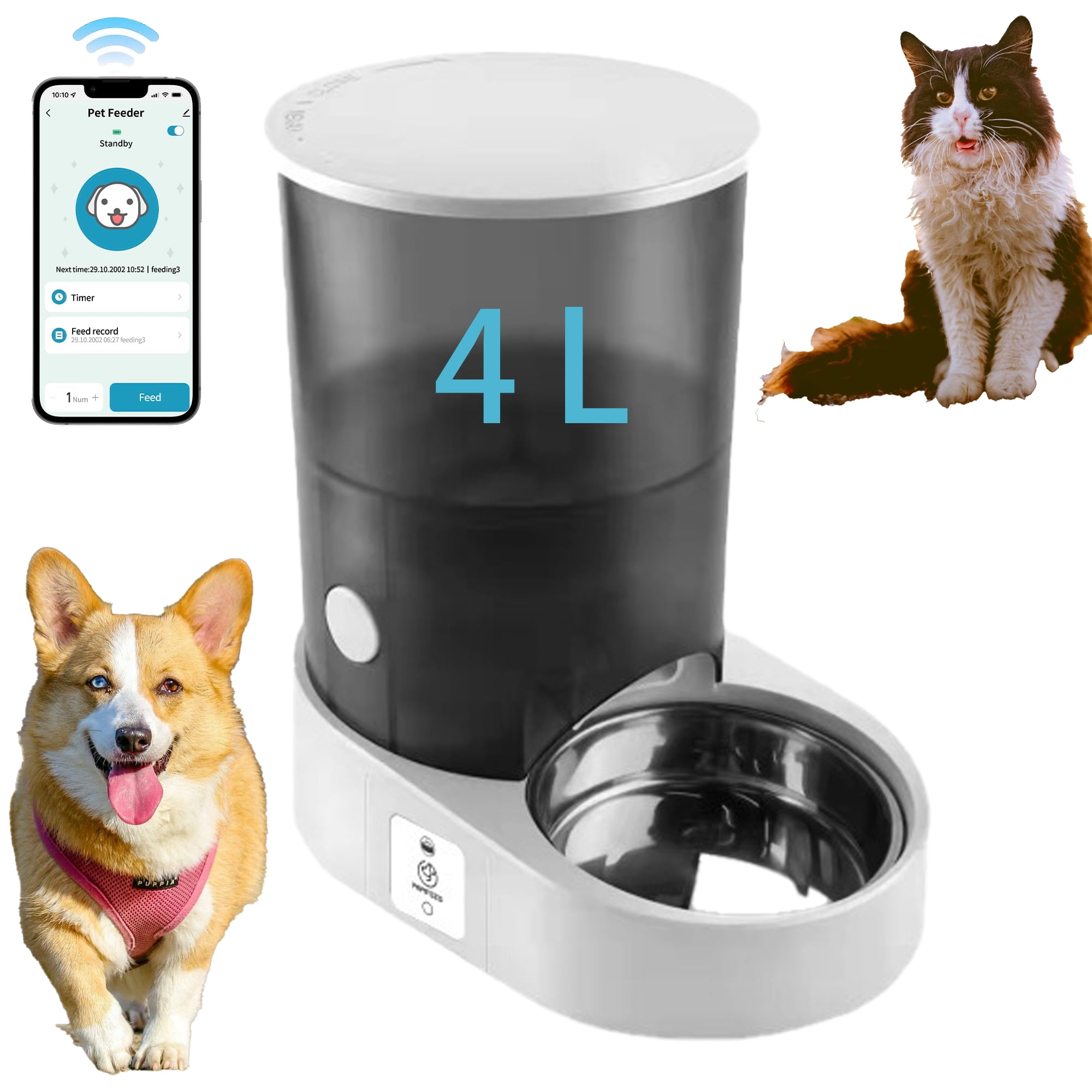 4L Automatic Cat Feeder, WiFi Automatic Dog Feeder with APP Control for ...