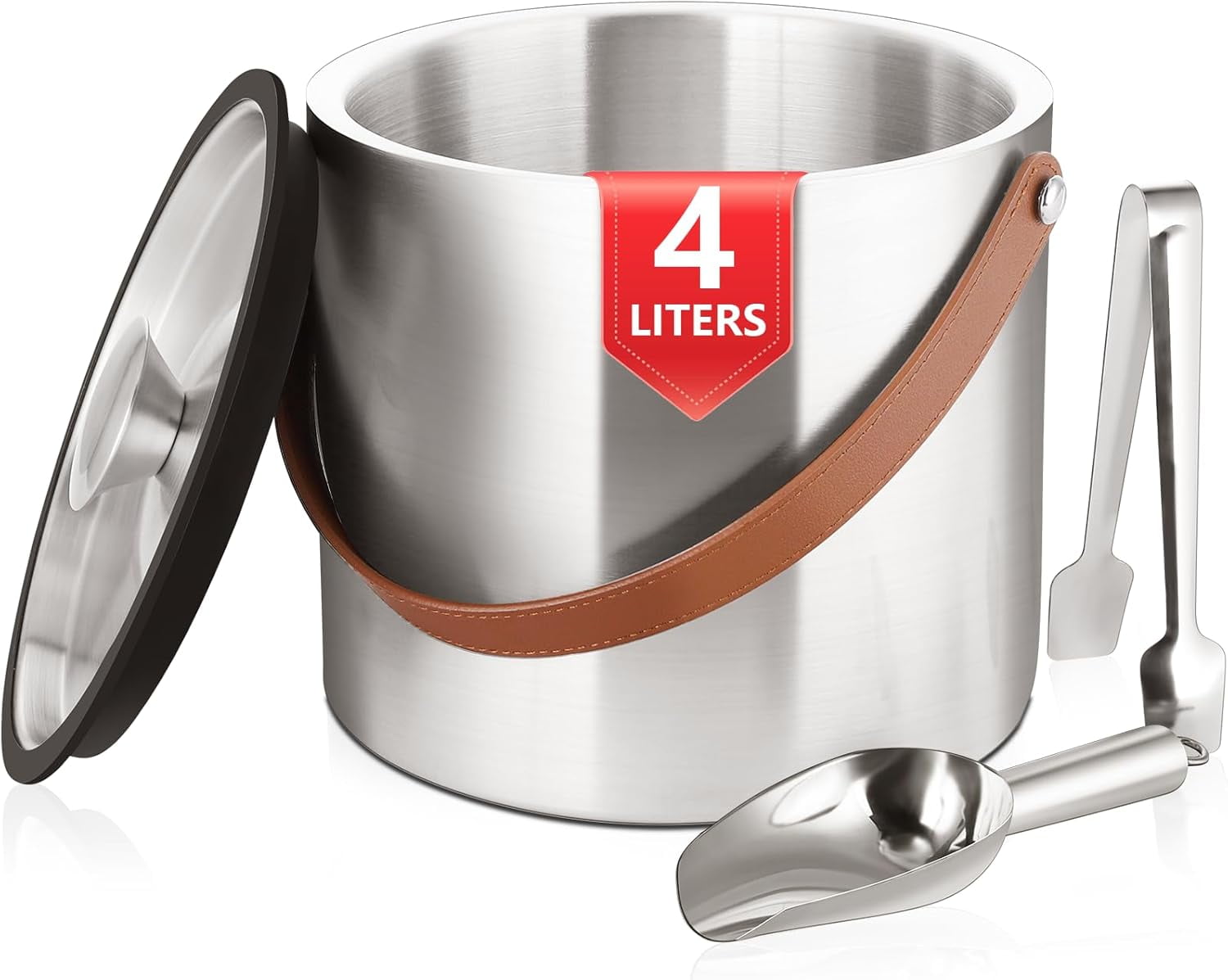 4L Ice Bucket with Lid, Scoop,Tongs & Strainer, Stainless Steel Double ...