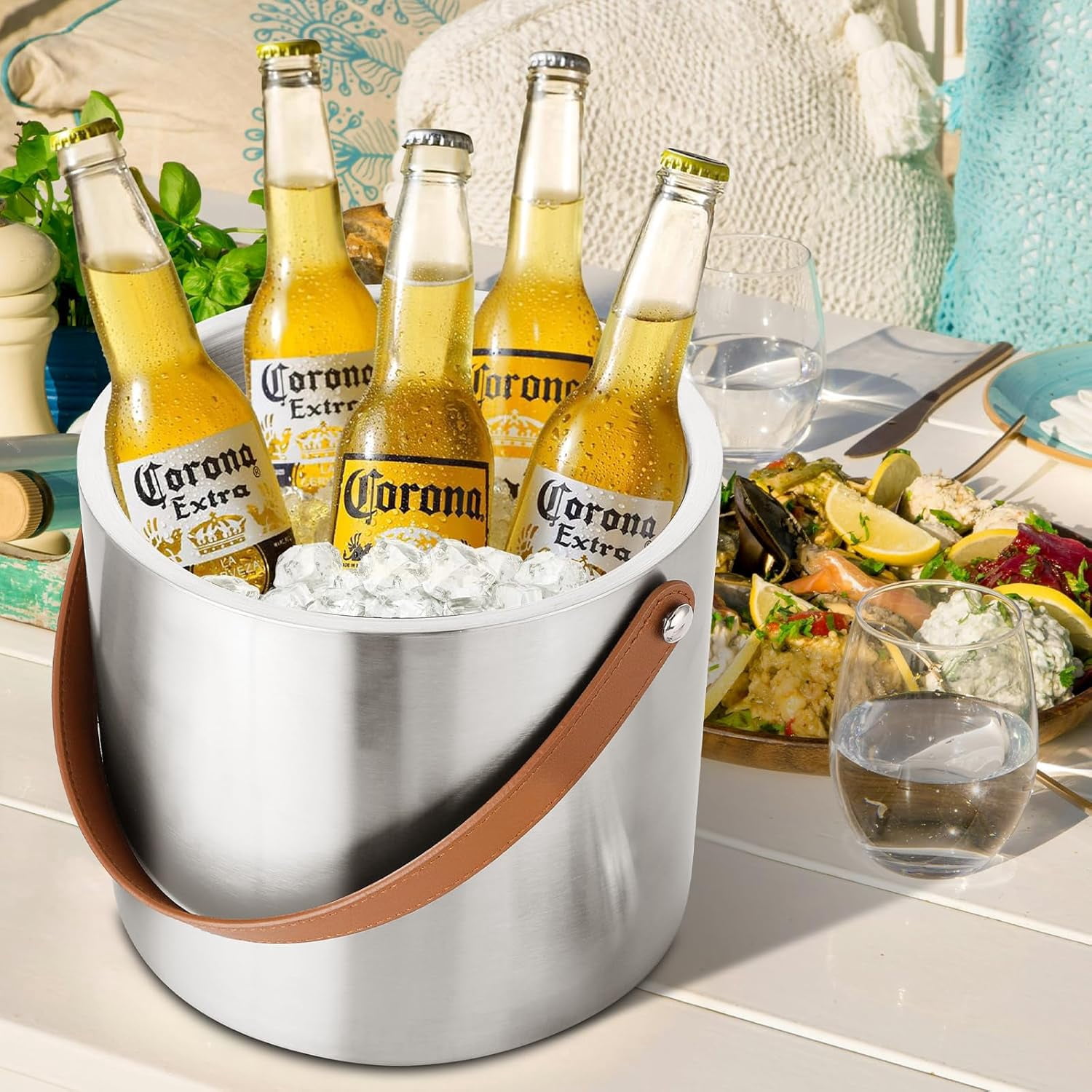4L Ice Bucket with Lid, Scoop, Tongs & Strainer, Stainless Steel Double ...