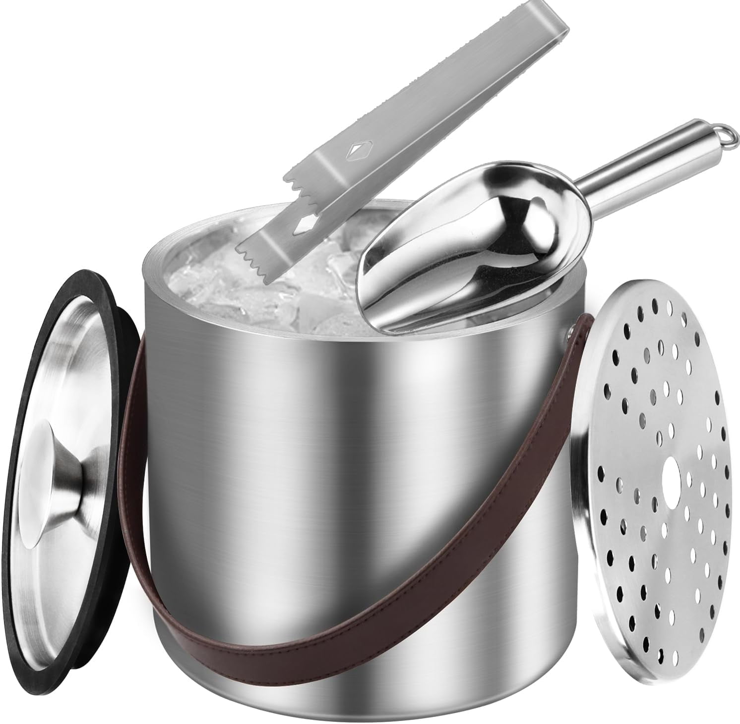 4L Ice Bucket with Lid, Scoop,Tongs & Strainer, Stainless Steel Double ...