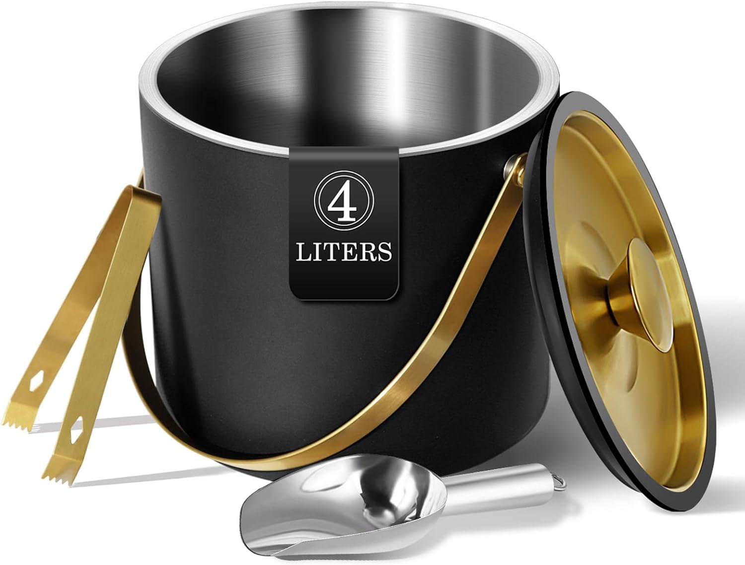 4L Ice Bucket with Silicone Lid, Scoop, Gold Tongs & Strainer ...