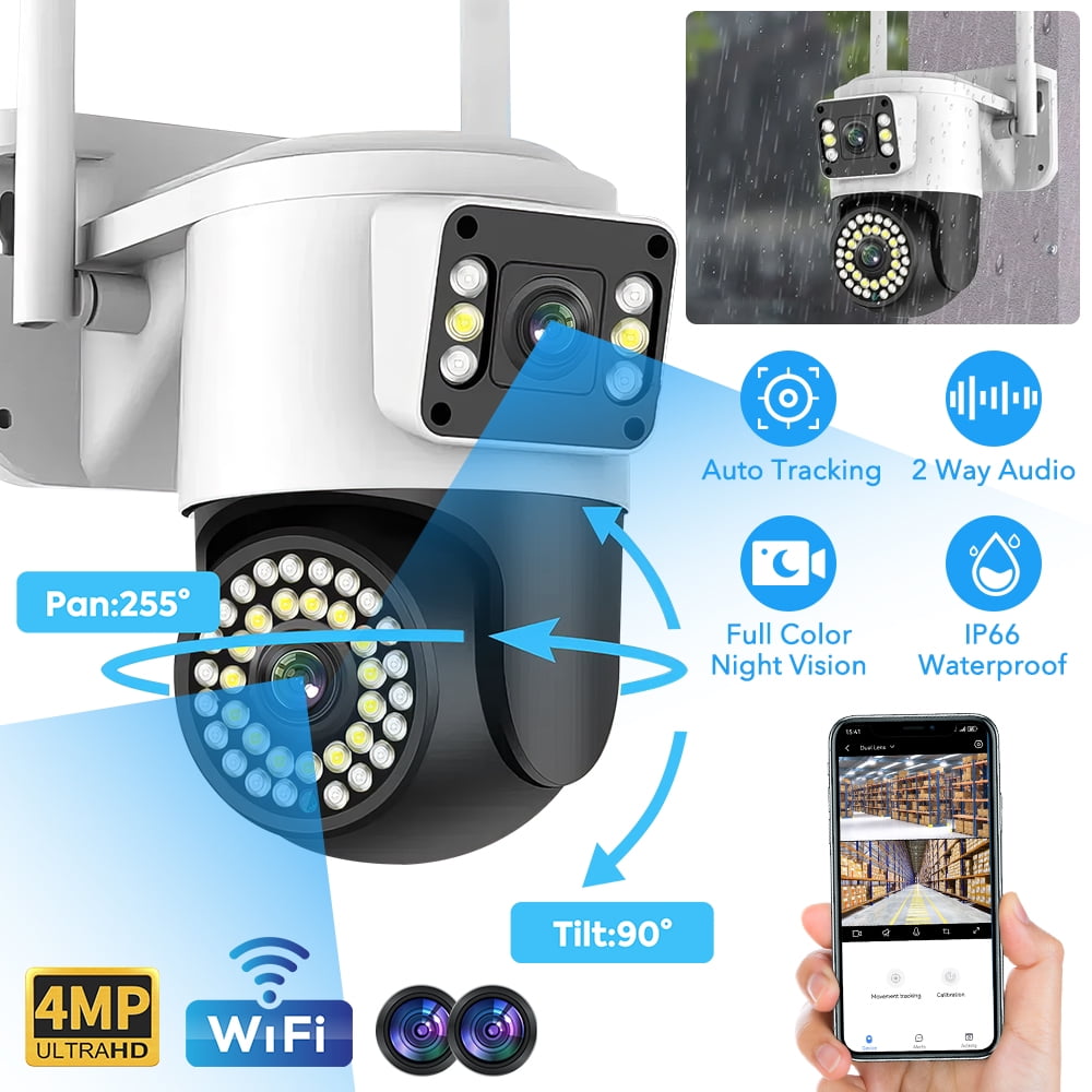4MP Dual Lens Wireless IP Camera, 2.4GHz & WiFi Camera Outdoor PTZ ...