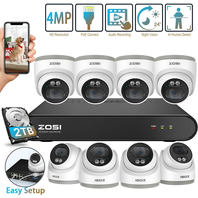 4MP Security Camera System 2TB Hard Drive, 8 pcs ZOSI PoE Security ...