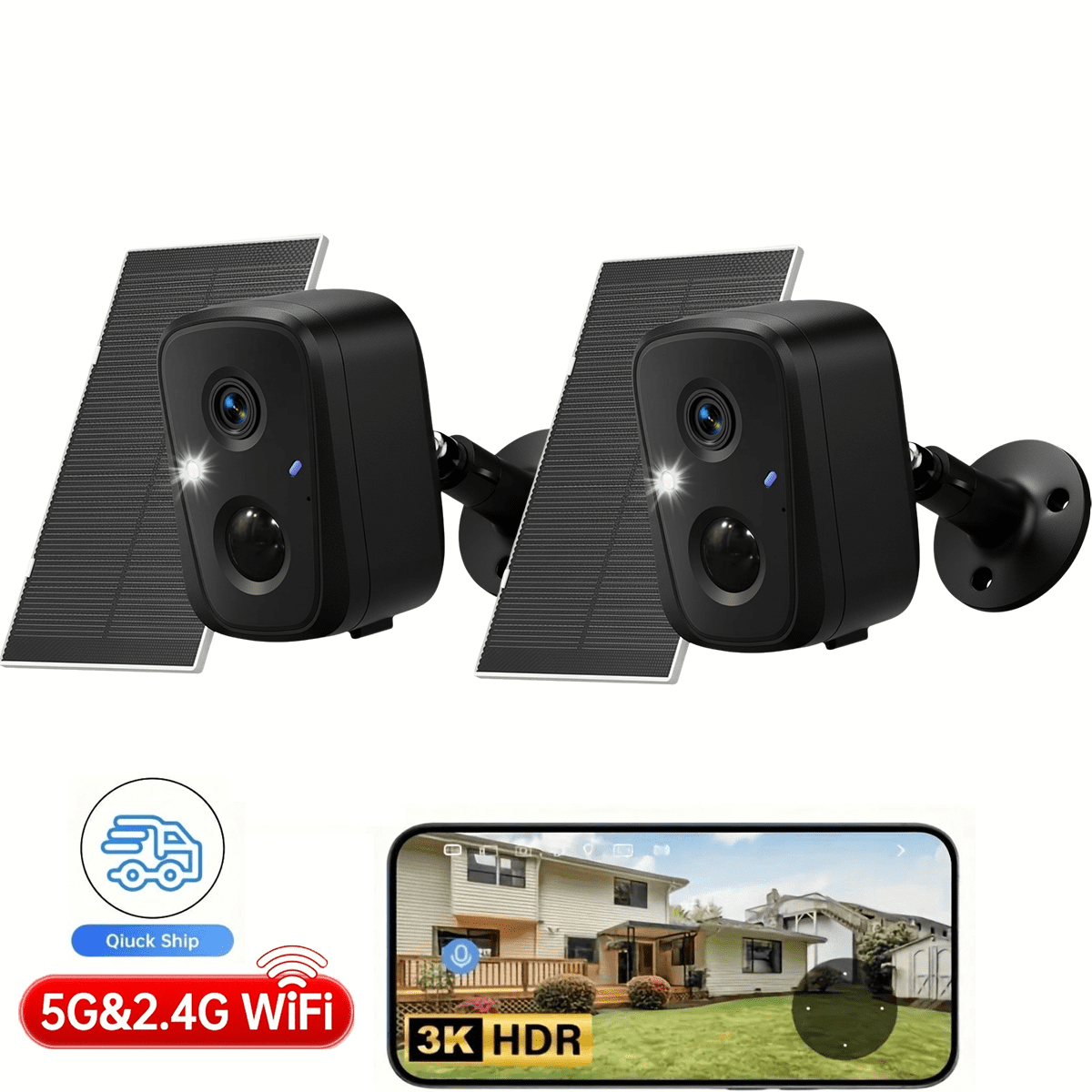 4MP Wireless Outdoor Security Cameras 2pcs Solar Powered 3K 2.4Ghz/5Ghz ...