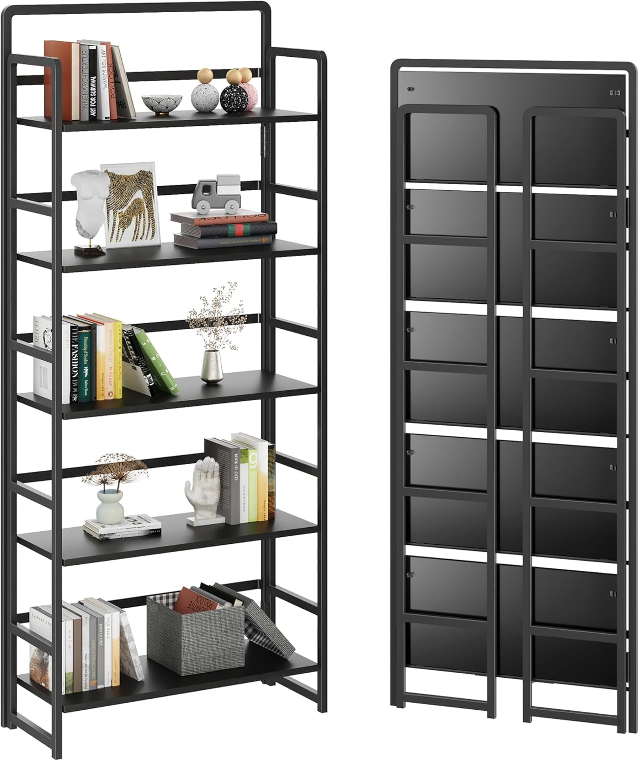 4NM No-Assembly 5 Tiers Folding Bookshelf Storage Shelves Vintage ...
