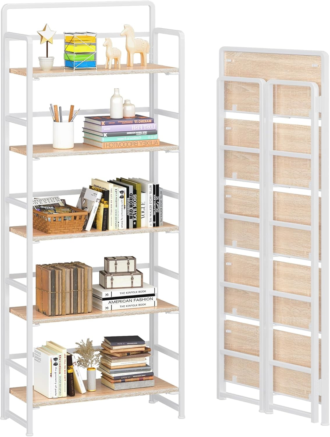 4NM No-Assembly 5 Tiers Folding Bookshelf Storage Shelves Vintage ...