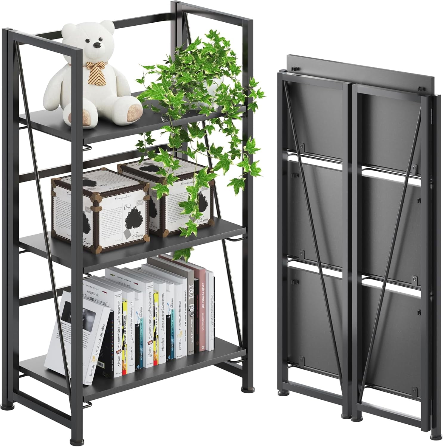 4NM No-Assembly Folding Bookshelf Storage Shelves 3 Tiers Vintage ...