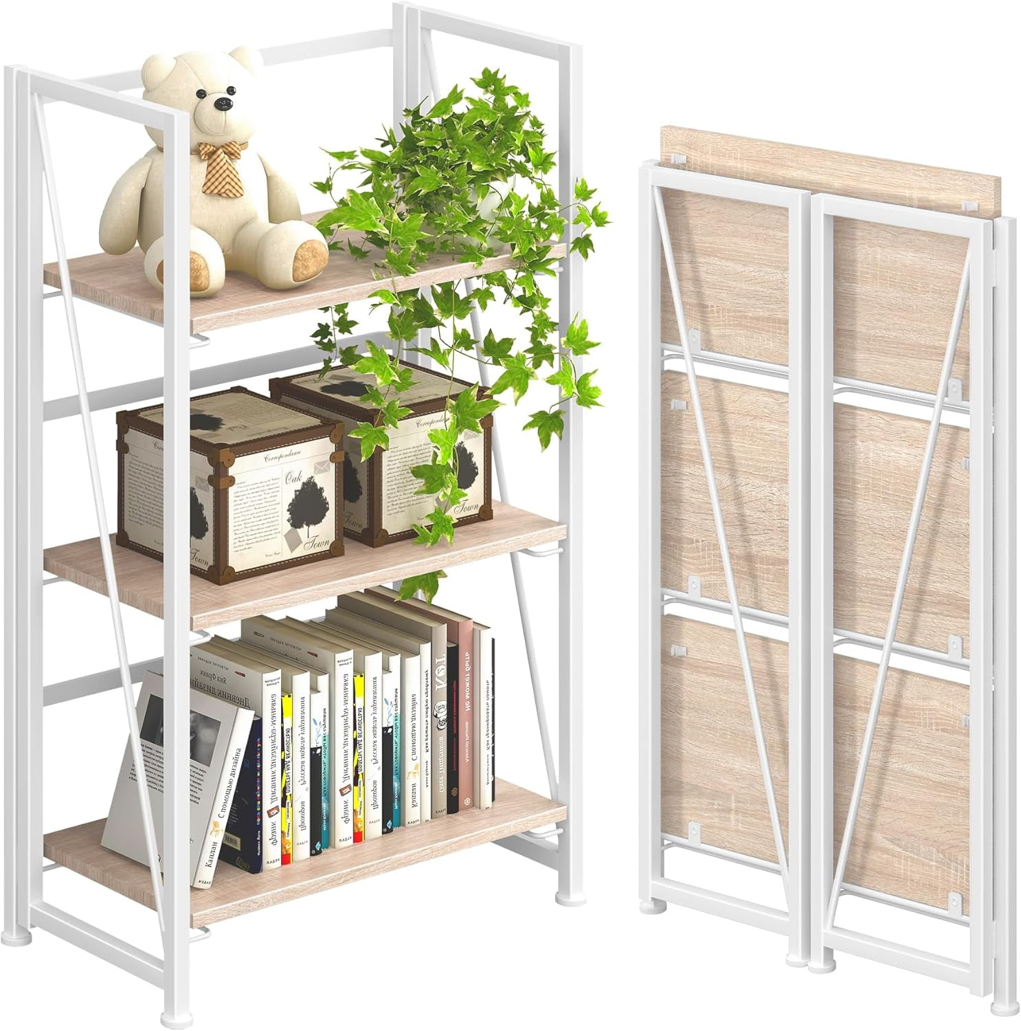 4NM No-Assembly Folding Bookshelf Storage Shelves 3 Tiers Vintage ...