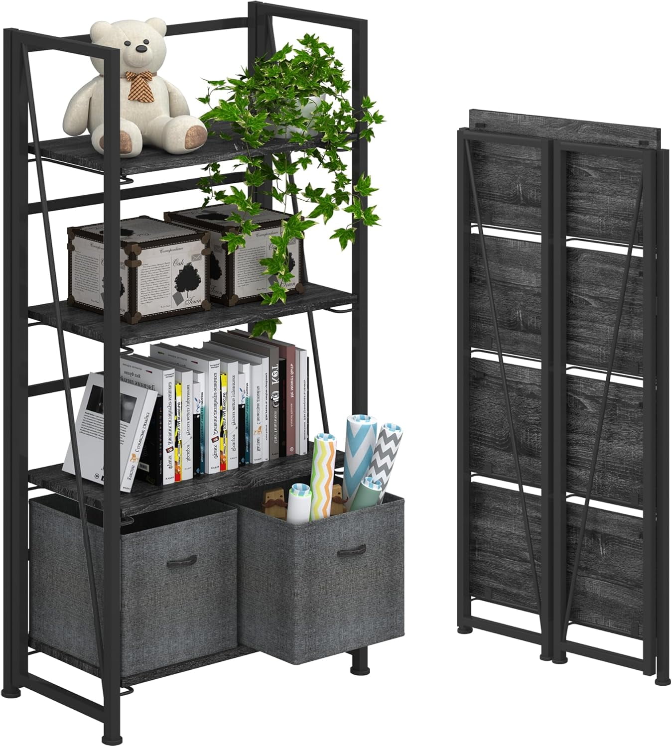 4NM No-Assembly Folding Bookshelf Storage Shelves 4 Tiers Vintage ...