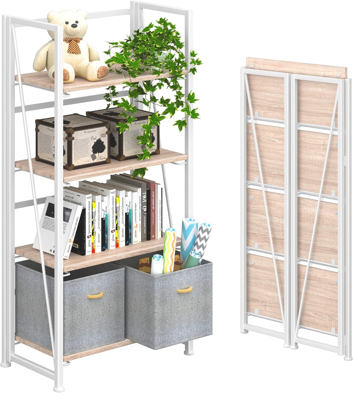 4NM No-Assembly Folding Bookshelf Storage Shelves 4 Tiers Vintage ...