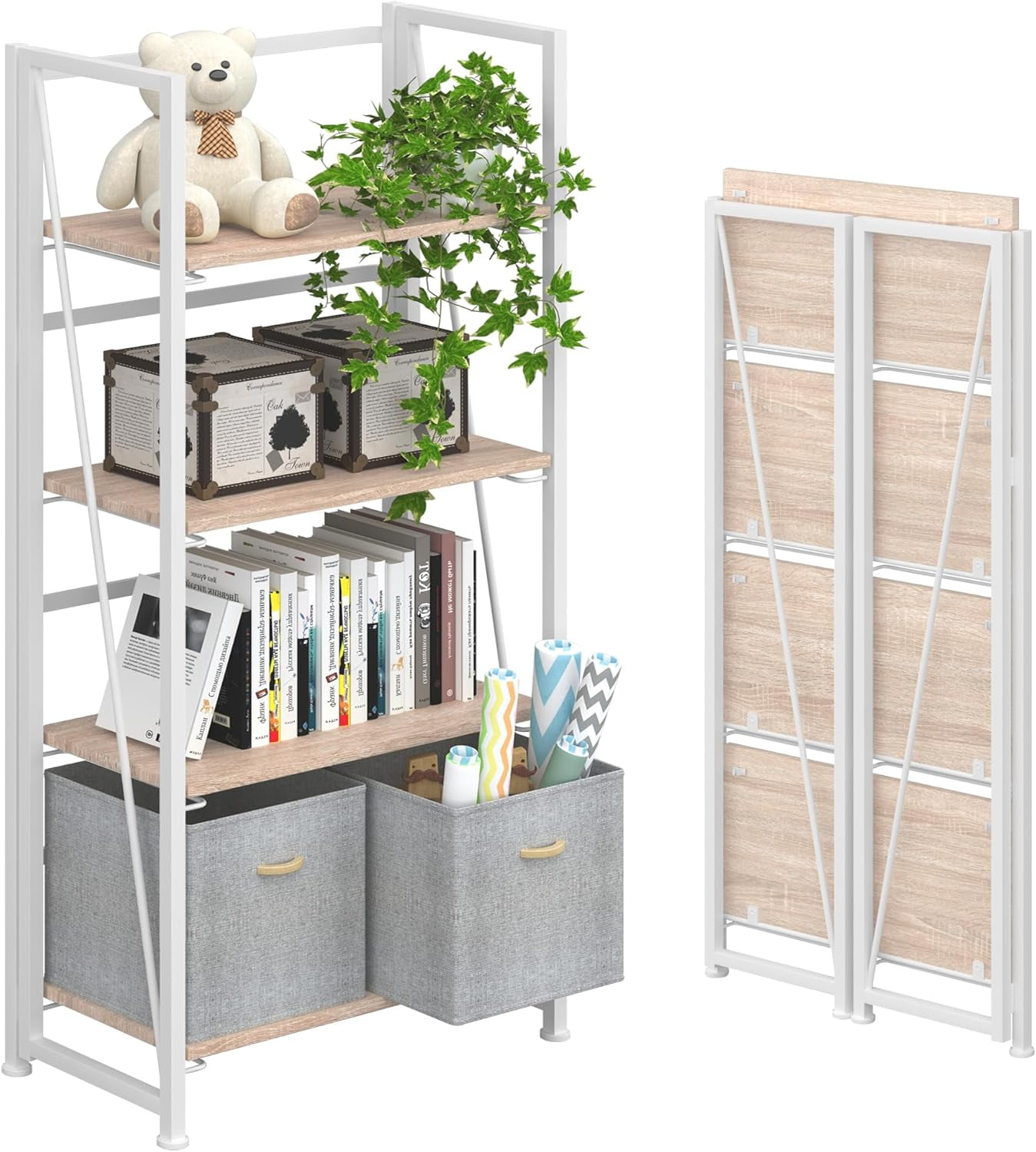 4NM No-Assembly Folding Bookshelf Storage Shelves 4 Tiers Vintage ...