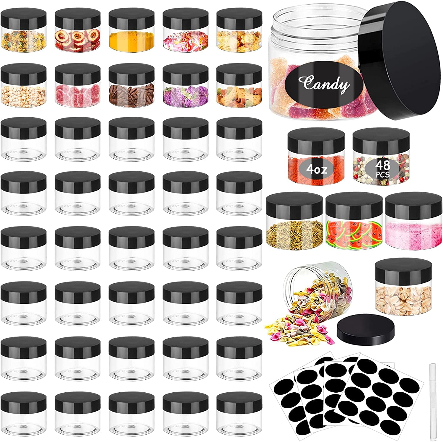 4OZ Plastic Jars 48Pcs - Wide Mouth Clear Container with Black Lids for ...