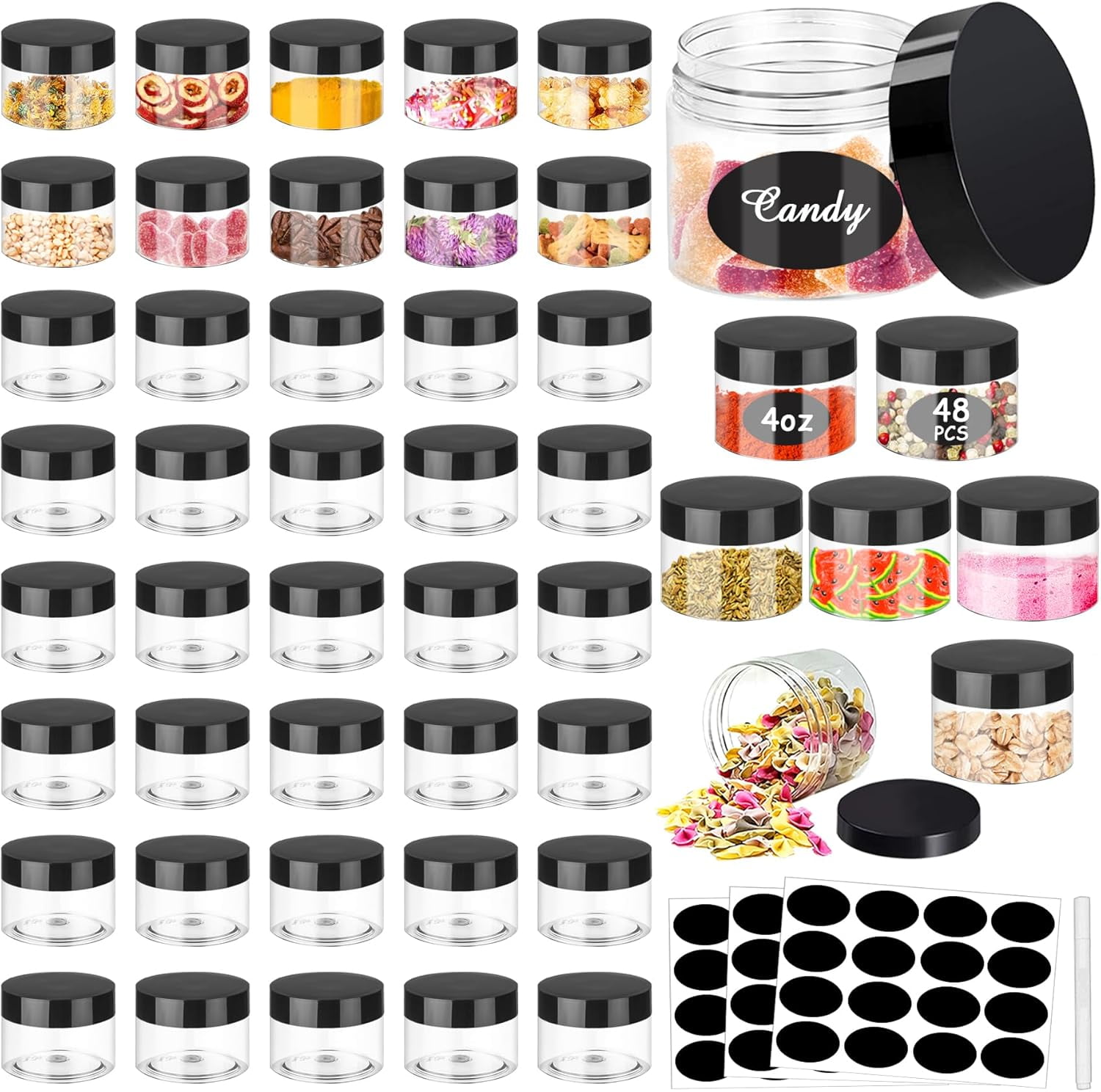 4OZ Plastic Jars 48Pcs Wide Mouth Round Clear Container Jars with Black Lids Stackable Empty ...