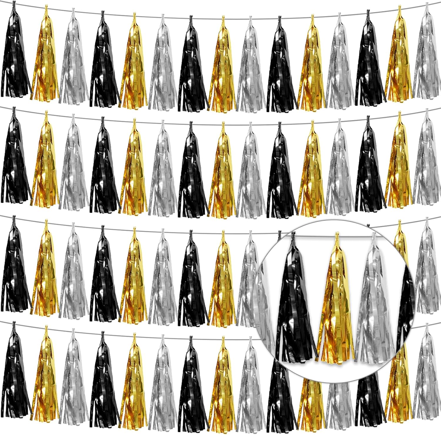 4P Black Gold Silver Foil Fringe Tassel Garland Banner Metallic Tinsel ...