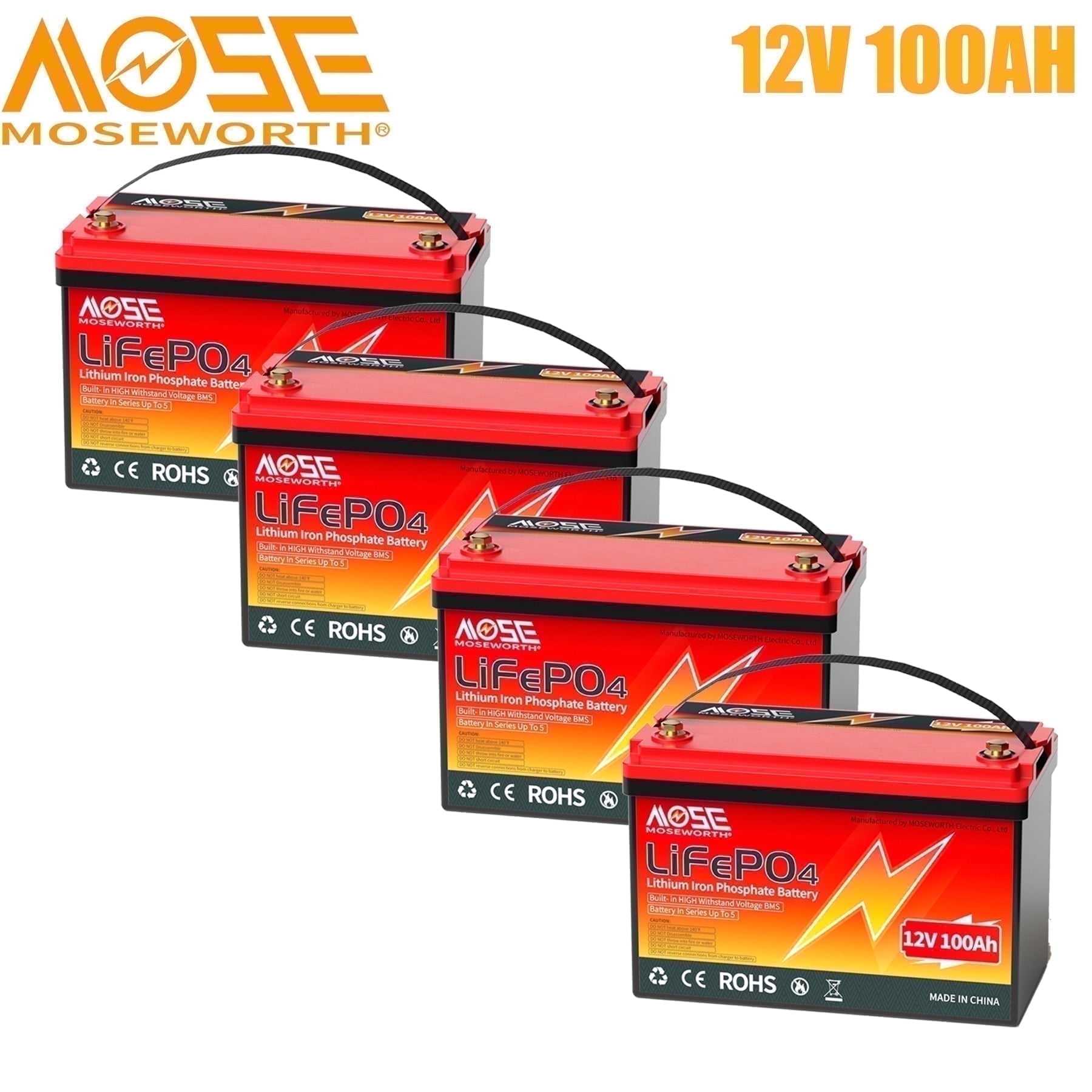 Moseworth 4-Pack 12V 100Ah LiFePO4 Battery, 15000 Cycles, 10-Year BMS ...