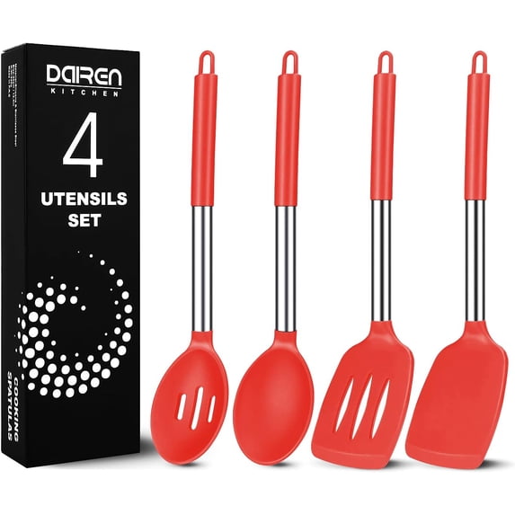 4PACK Large Silicone Cooking Spatulas and Spoons, Slotted and Solid ...