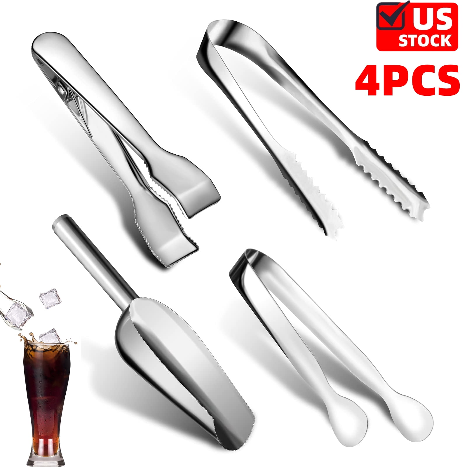 4PACK Silver Ice Tongs and Scoops Stainless Steel Ice Cube Tong with ...