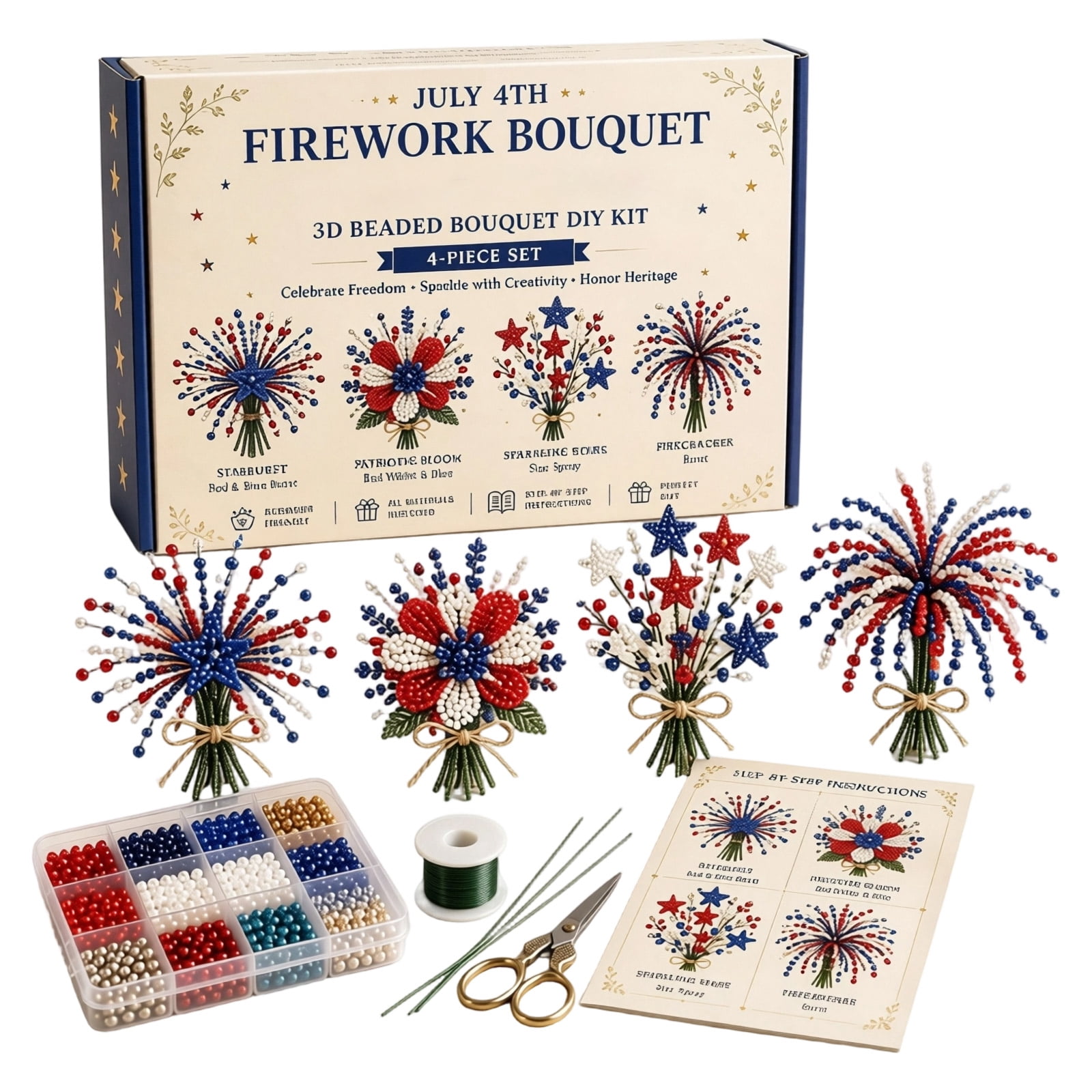 4PC B Minibee Patriotic Beading Kit DIY Bead Bouquet Craft Set for 4th ...