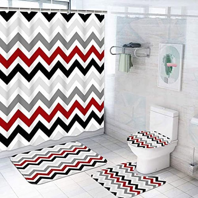 4pc Blue Shower Curtain Set With Rugs Black Marble Bathroom Set With