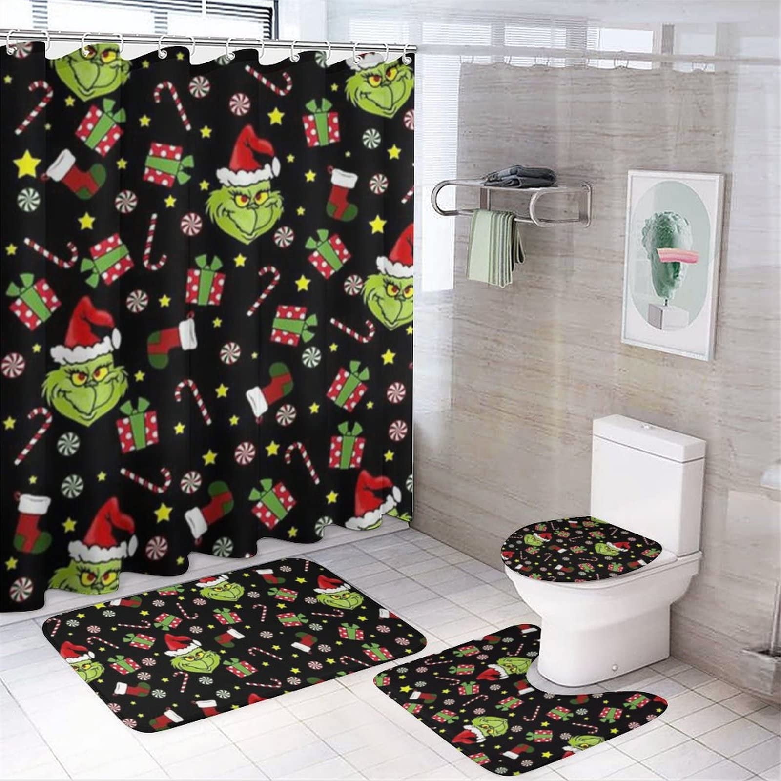 4PC Christmas Shower Curtain Sets With Rugs Christmas Snowman Print ...