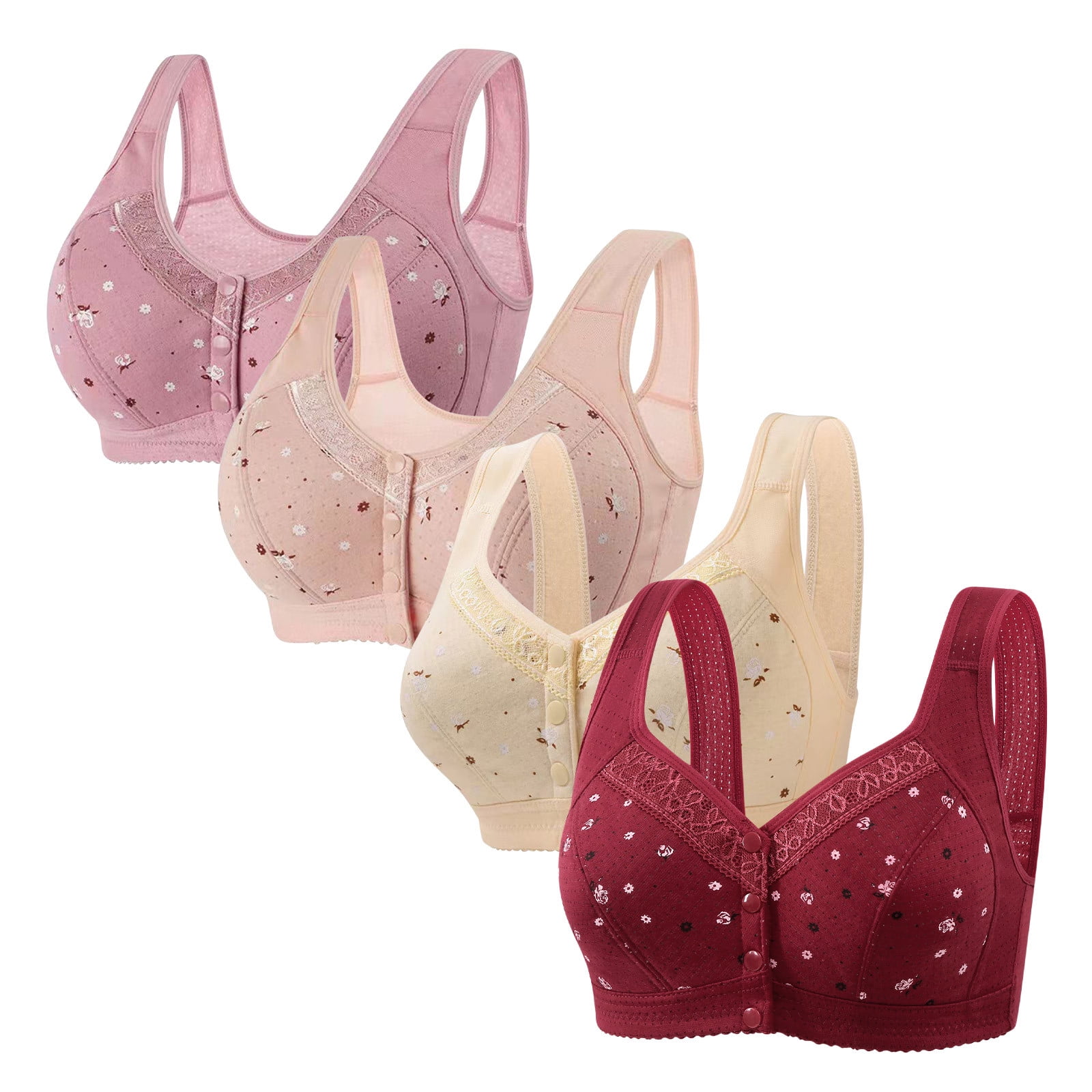 4PC Older Women Daisy Bras Breathable Front Close Button Cotton Bra ...
