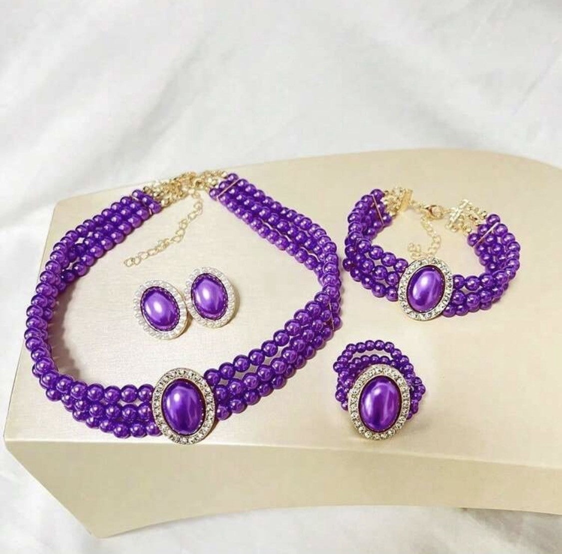 4PC Pierced gold, clear stone purple bead choker, earrings, bracelet ...