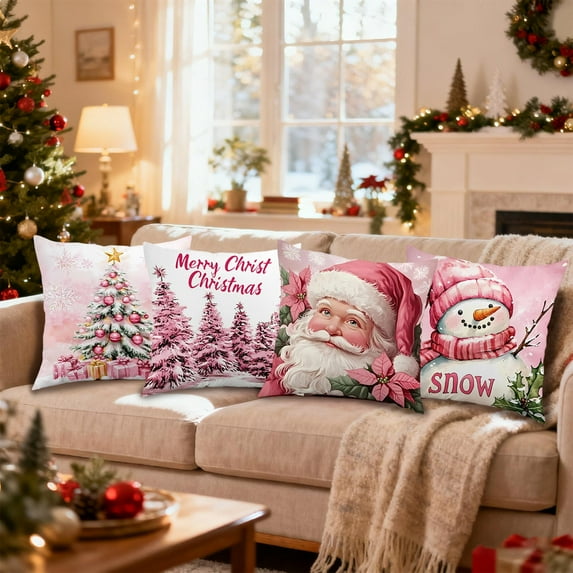 4PC Pink Christmas Throw Pillow Covers, 18x18 Pillow Cases with Vintage ...