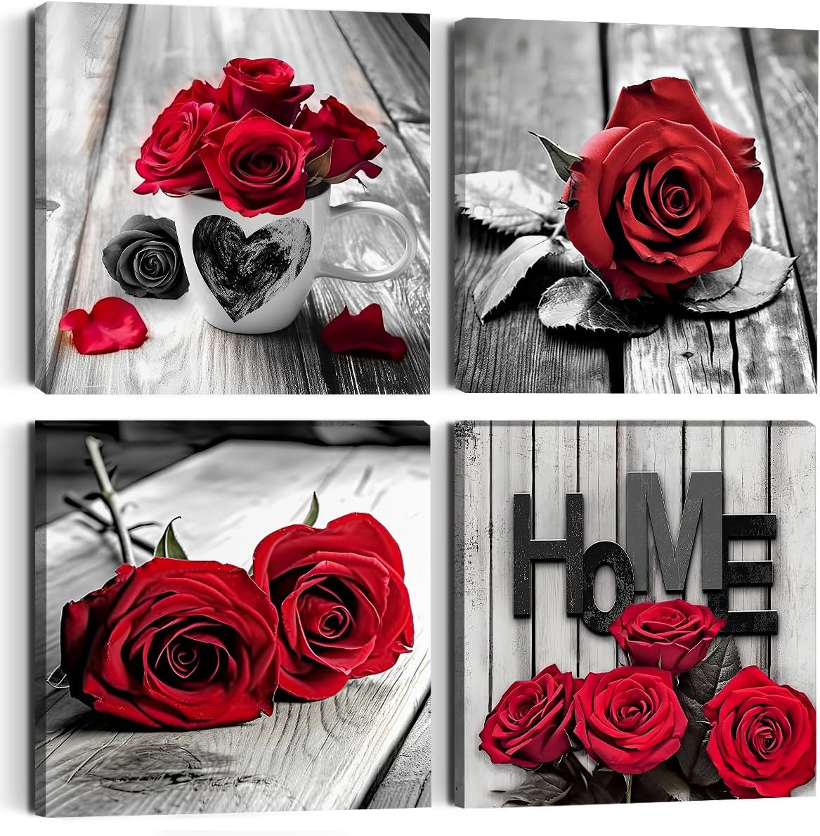 4PC Red Rose Canvas Wall Art Framed Black and White Abstract Rose Wall ...