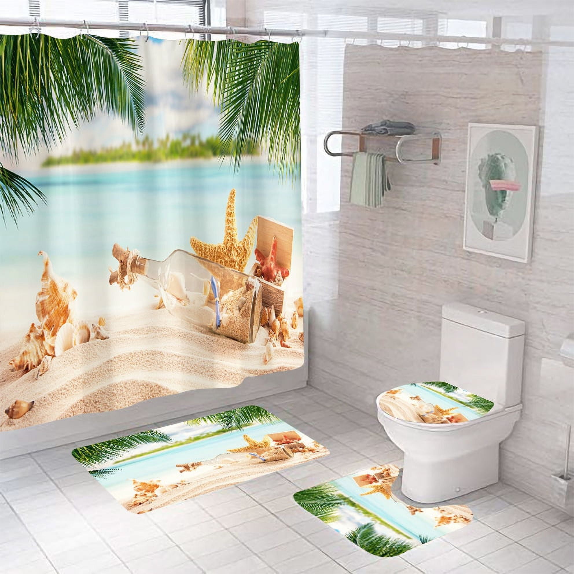 4PC Shower Curtain Set with Rugs, Summer Beach Bathroom Set with Non ...