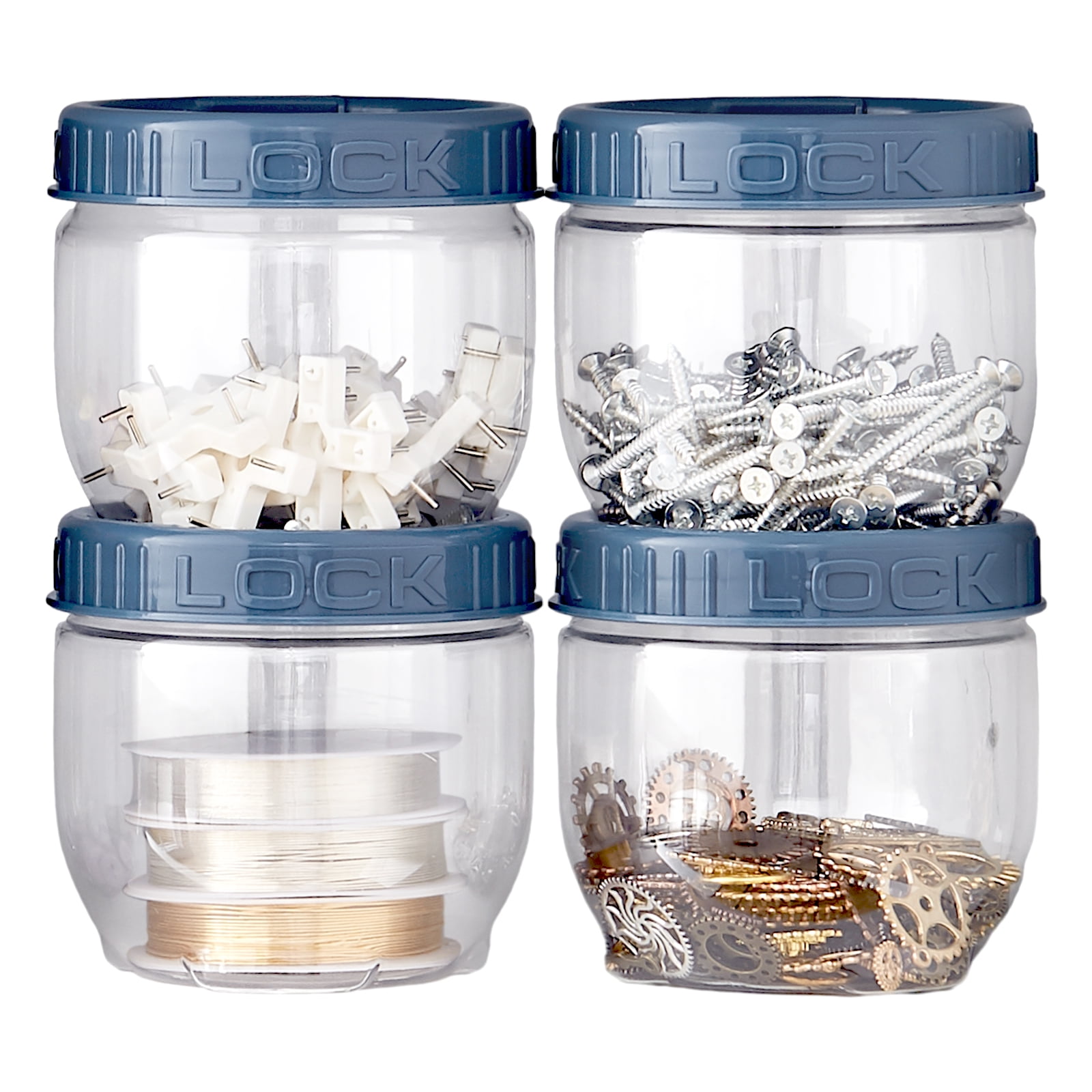 4PC Storage Containers with Lids - Blue Caps Clear Plastic Bins Jars ...