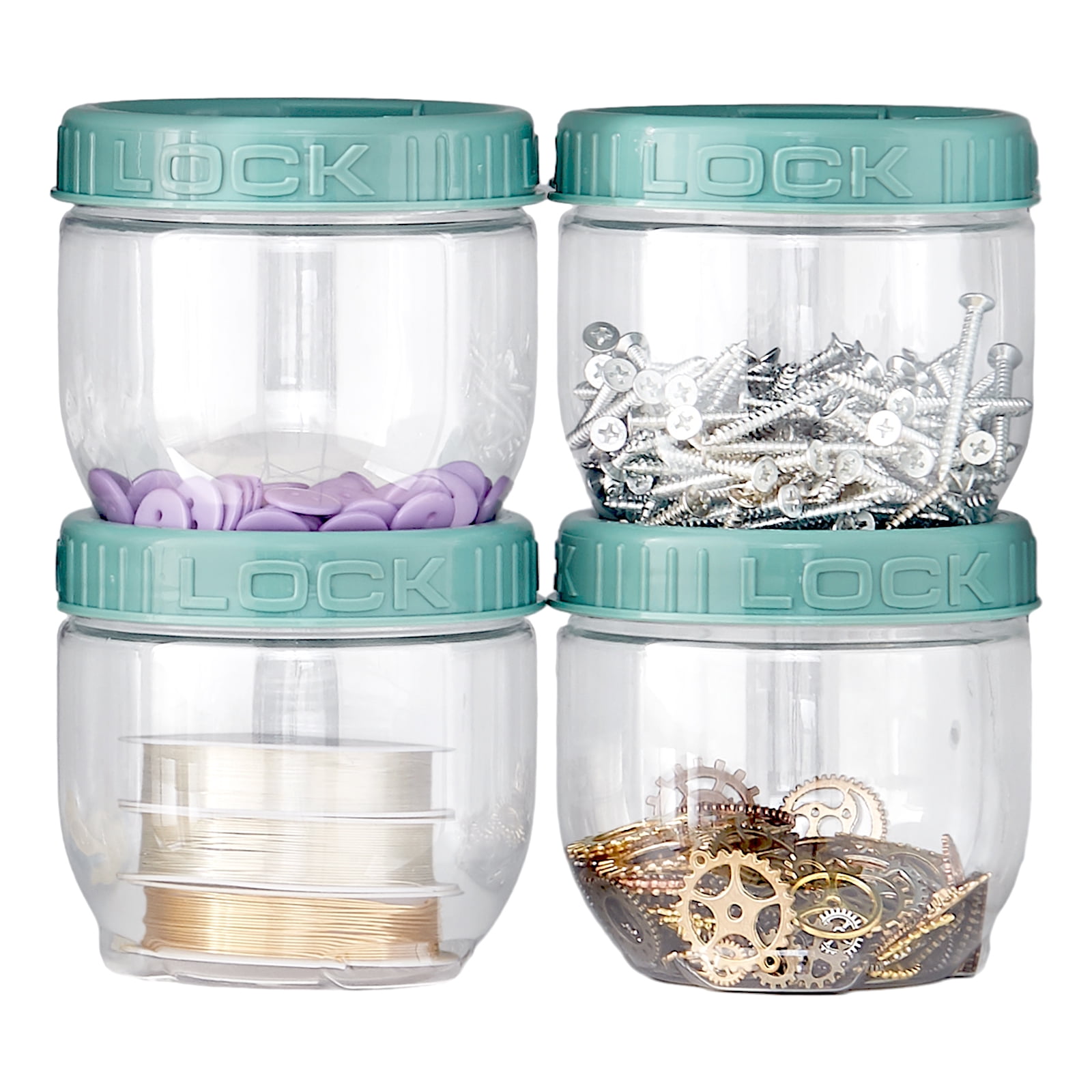 4PC Storage Containers with Lids - Green Caps Clear Plastic Bins Jars ...