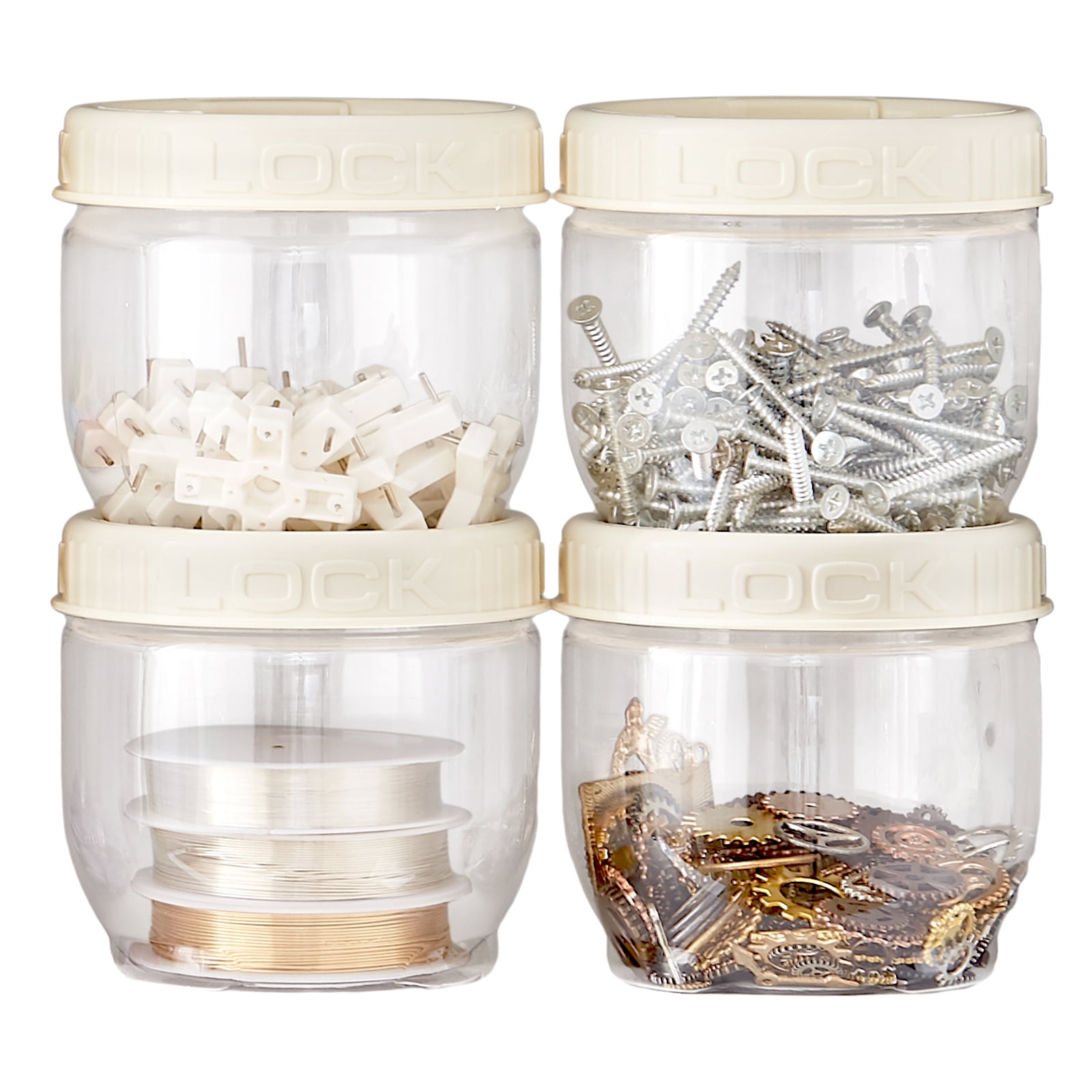 4PC Storage Containers with Lids - White Caps Clear Plastic Bins Jars ...