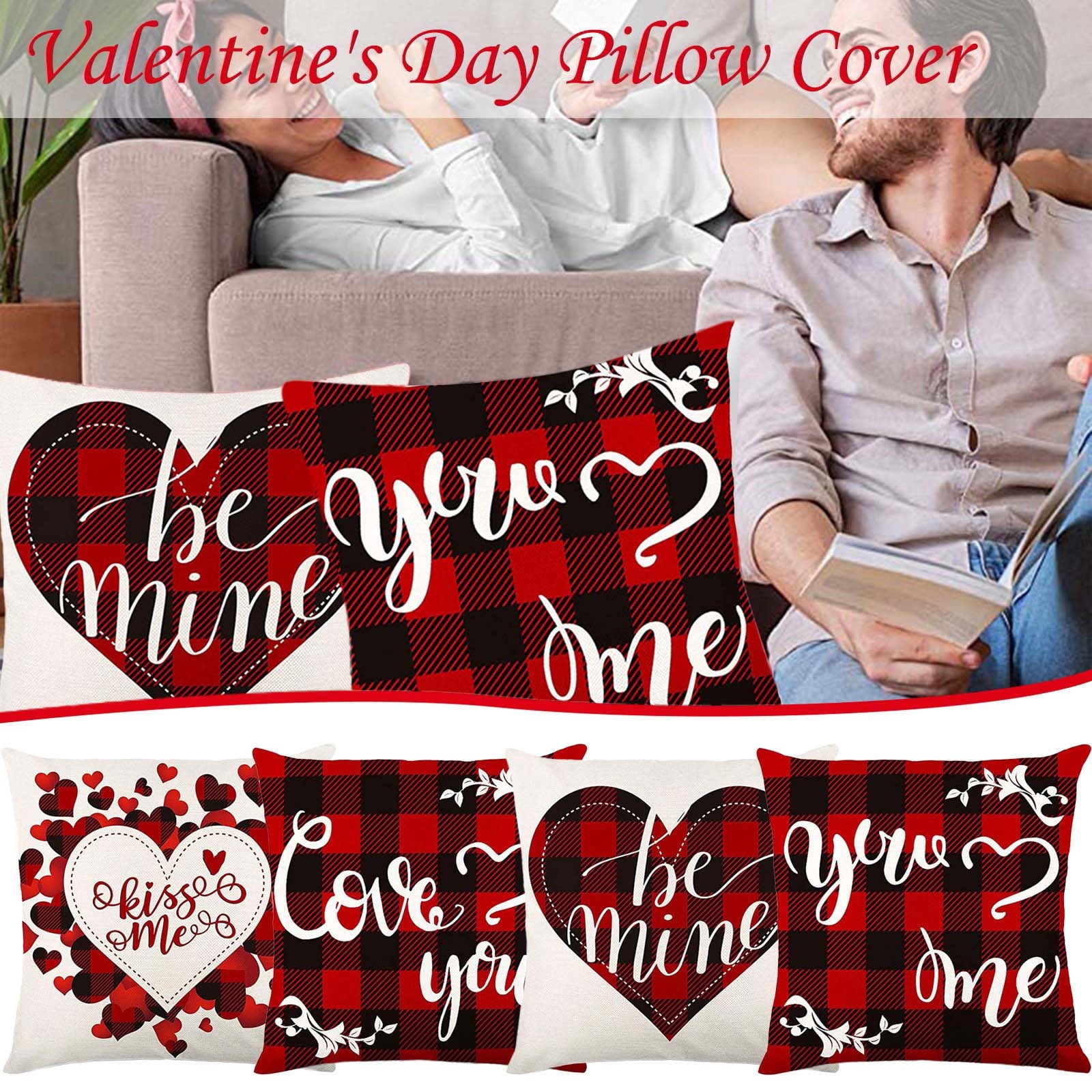 4PC Valentines Heart Linen Pillow Cases - Sofa Cushion Covers for Home ...