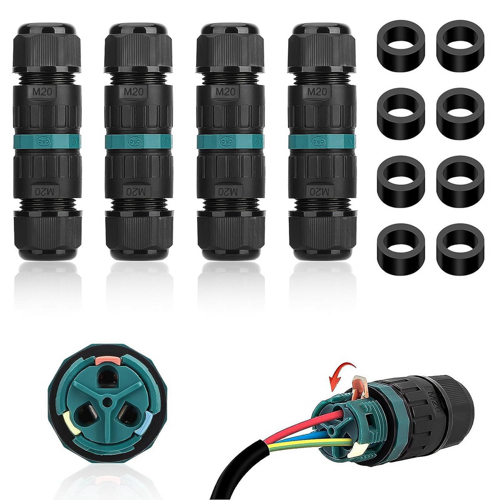 4PCS 2 Way 3 Pole Junction Box IP68 Outdoor Waterproof Electrical Cable Connector Ø5-12 mm ...