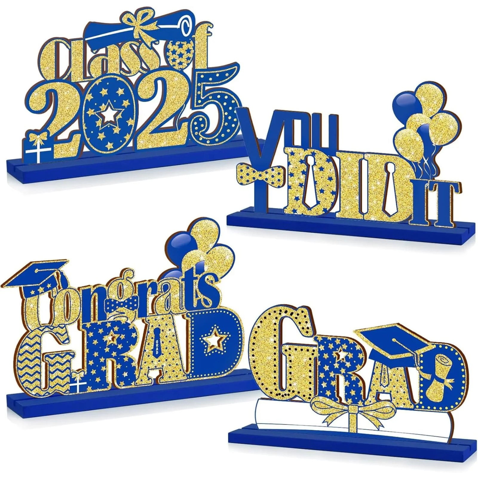 4PCS 2025 Graduation Party Decorations – Blue Gold Wooden Centerpieces ...